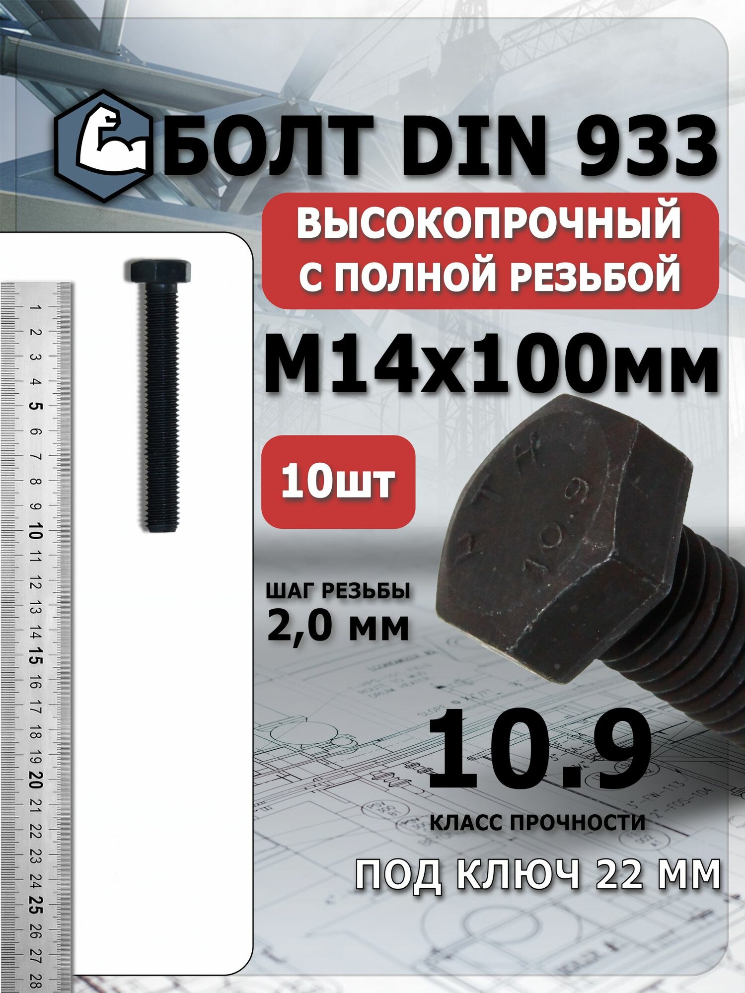 Болт шестигранный DIN933 14х100 10.9 (10шт)