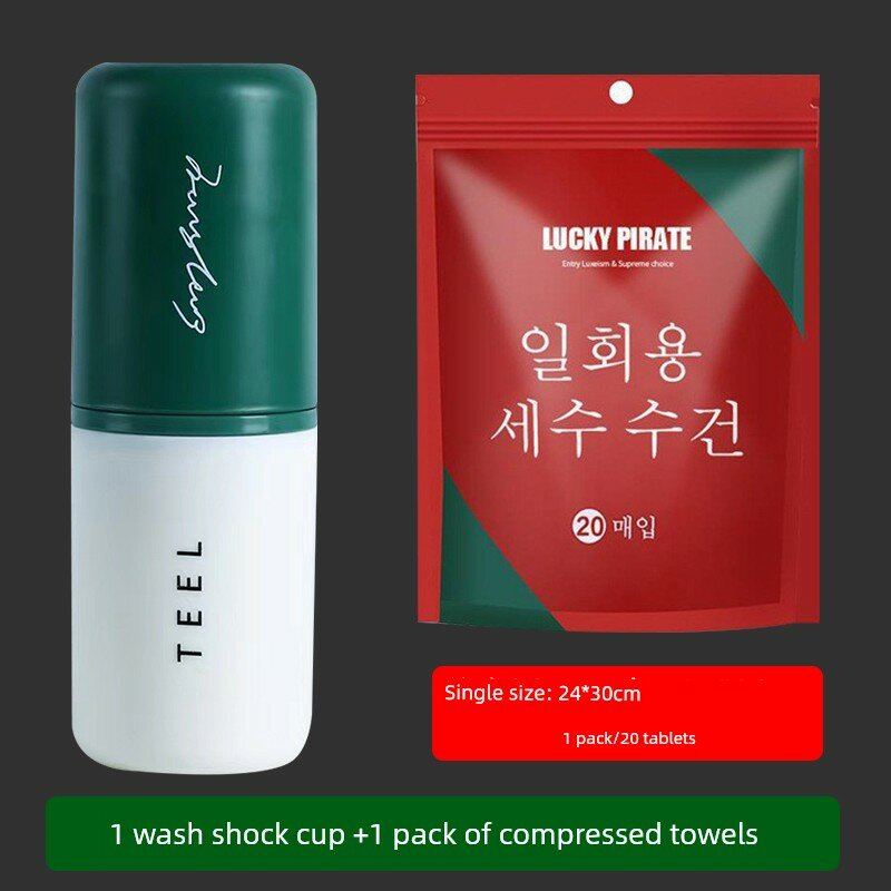 Набор портативной зубной чашки и сжатого полотенца в цвете матча зеленый, большой объем, закругленный край, без запаха