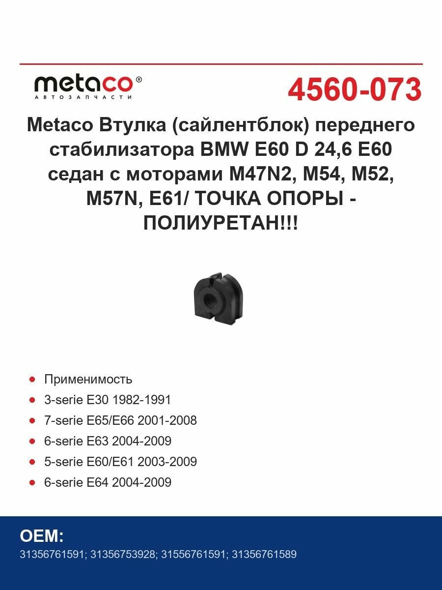 Metaco Втулка (сайлентблок) переднего стабилизатора BMW E60 D 24,6 E60 седан с моторами M47N2, M54, M52, M57N, E61/ точка опоры - полиуретан!