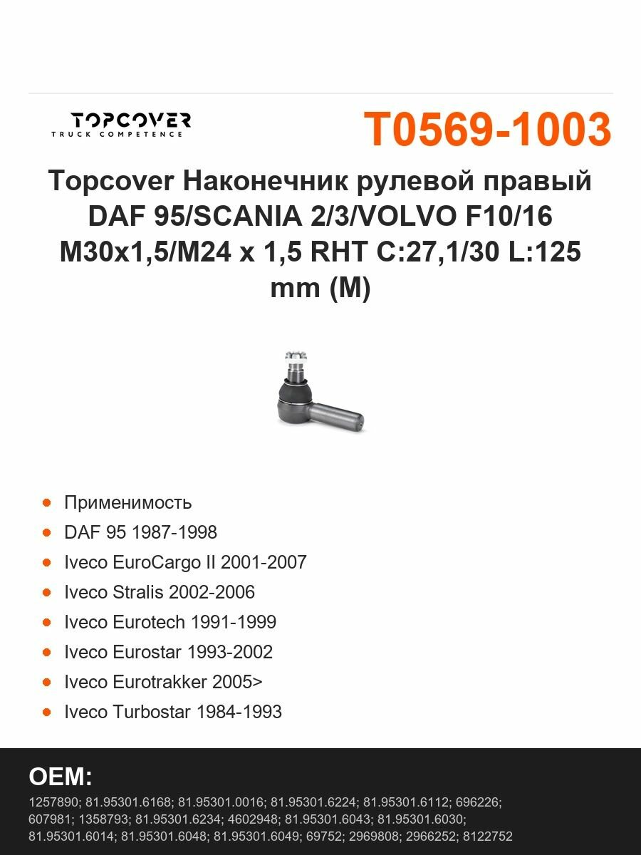 Topcover Наконечник рулевой правый DAF 95/SCANIA 2/3/VOLVO F10/16 M30x1,5/M24 x 1,5 RHT C:27,1/30 L:125 mm (M)