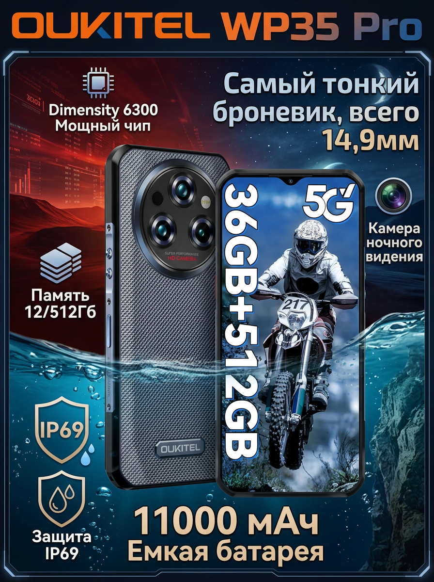 Защищенный смартфон OUKITEL WP35 PRO 5G Grey, IP69K, (12+24)/512GB, 11000мАч, Камера 64мп Sony + Ночная. Гарантия 1 год