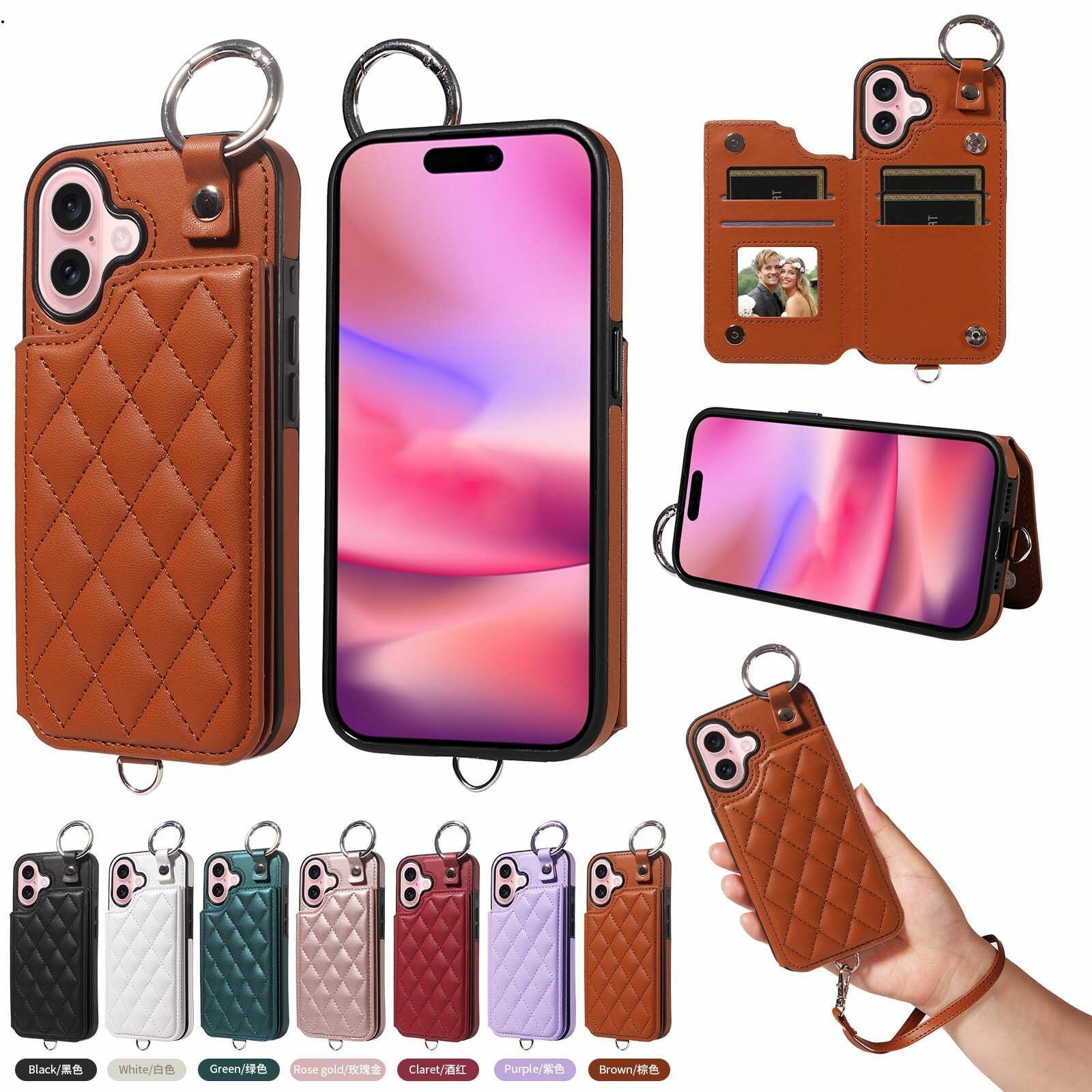 Кожаный чехол для Apple iPhone 16 (Эпл Айфон 16) Модный чехол-кошелек для телефона для девочек и женщин с пряжкой-кольцом/отделениями для карт/руку ремешок