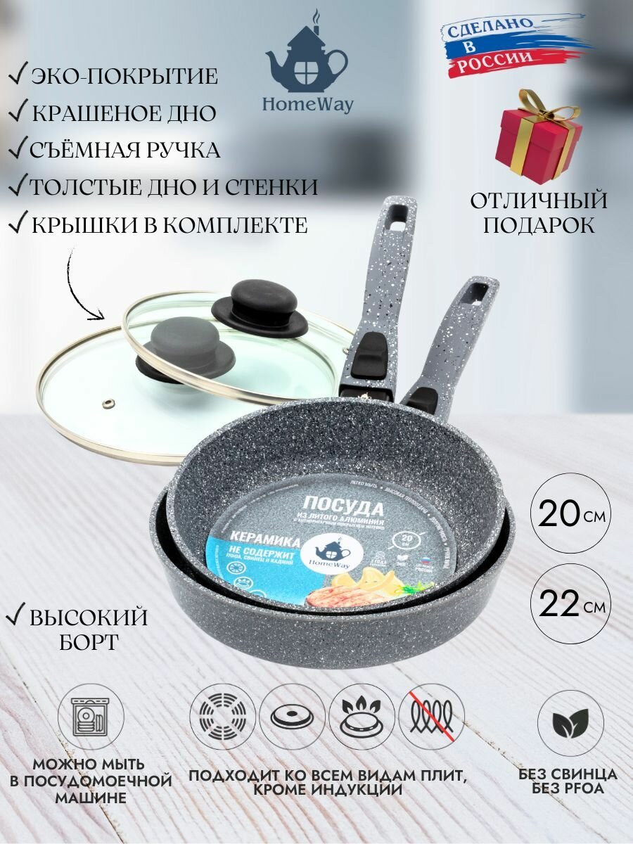 Набор сковородок с крышками, 2шт.(20см/22см), съемные ручки, антипригарное покрытие, керамика ДУО+ комплект.