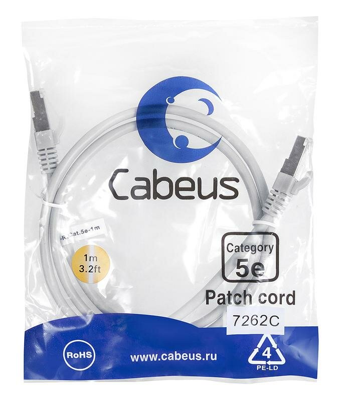 Патч-корд F/UTP кат.5E PC-FTP-RJ45-Cat.5e-1m 2xRJ45/8p8c экранир. PVC 1м сер. Cabeus 7262c