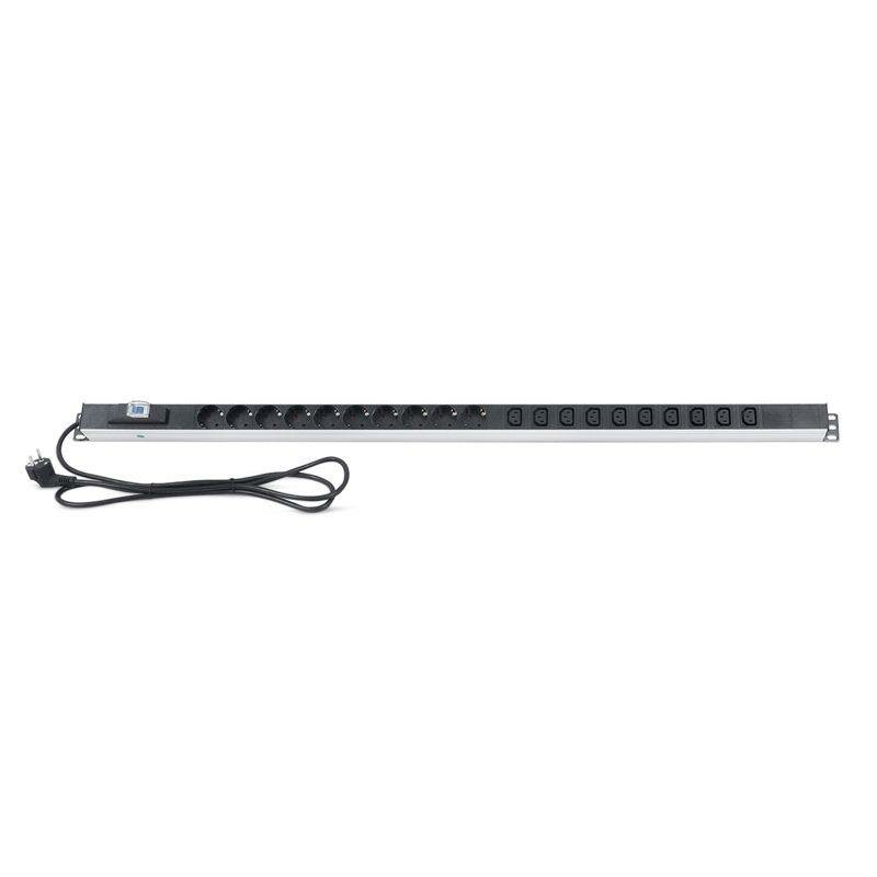 Блок распределения питания PDU 10 розеток СЕЕ 7/4 Schuko 10 розеток C13 16А автомат защиты вилка СЕЕ 7/7 вертикал. шнур 2м корпус алюм. Rexant 04-0202-2