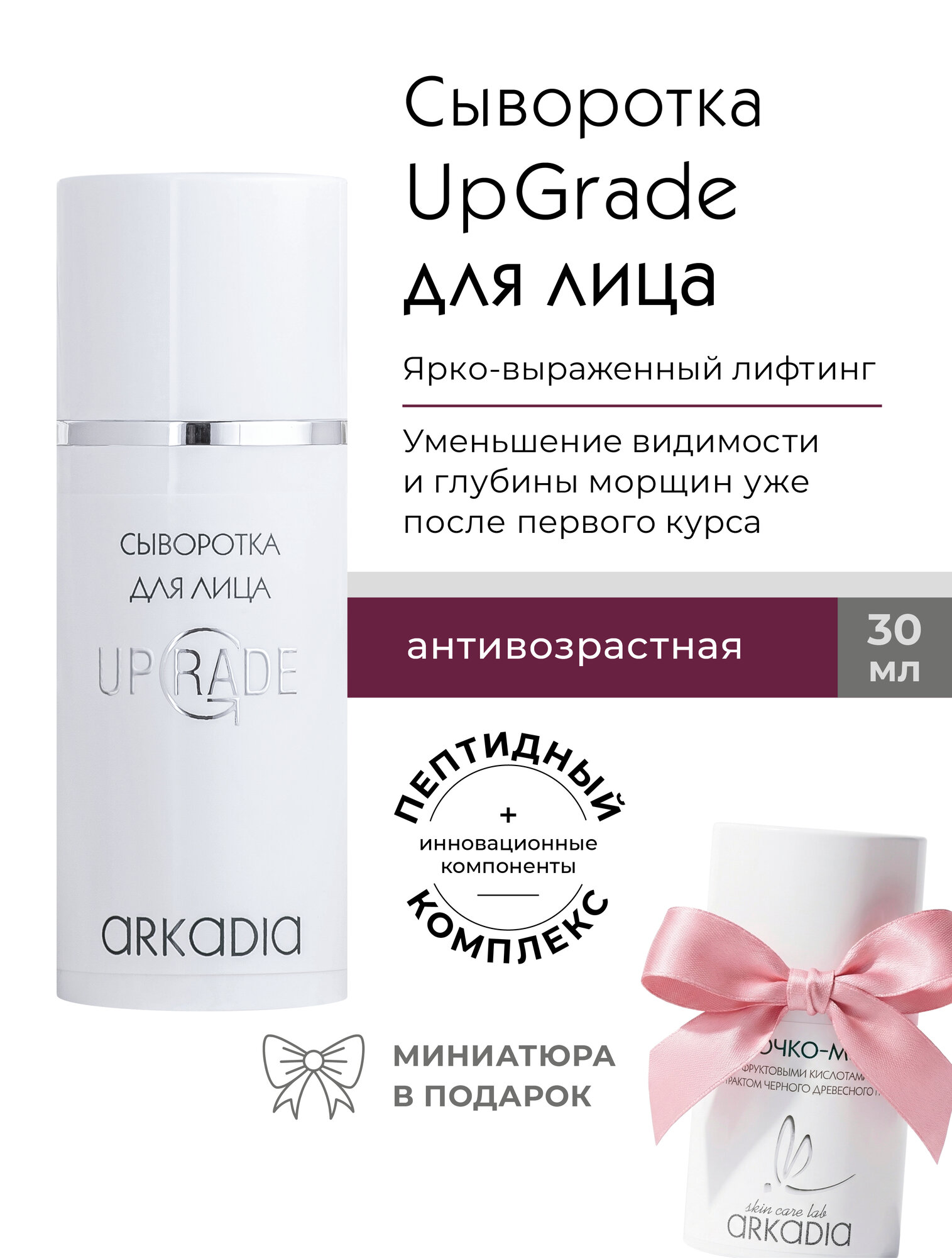 ARKADIA / Аркадия Сыворотка для лица UpGrade для омоложения кожи, 30 мл + миниатюра Молочко-маска с фруктовыми кислотами и экстрактом черного древесного гриба, 15 мл
