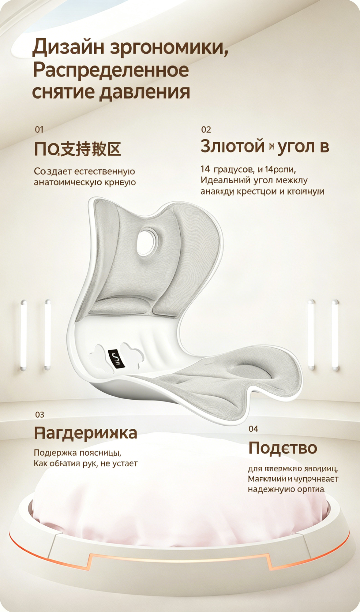 Эргономичная подушка для спины 42x35x34 см, мемори-пена, для офиса и дома