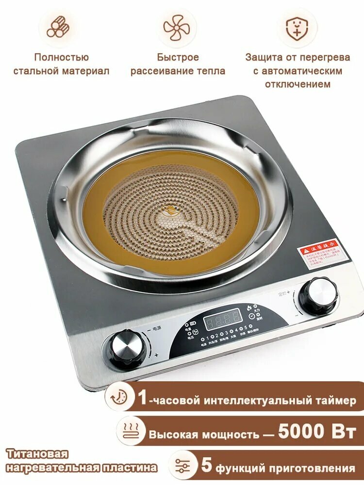 JIQI Инфракрасная настольная плита Электроплита Инфракрасная плита для дома и дачи,5000Вт, безимпульсная, универсальная,1 конфорка,5 автоматических программ, серый металлик