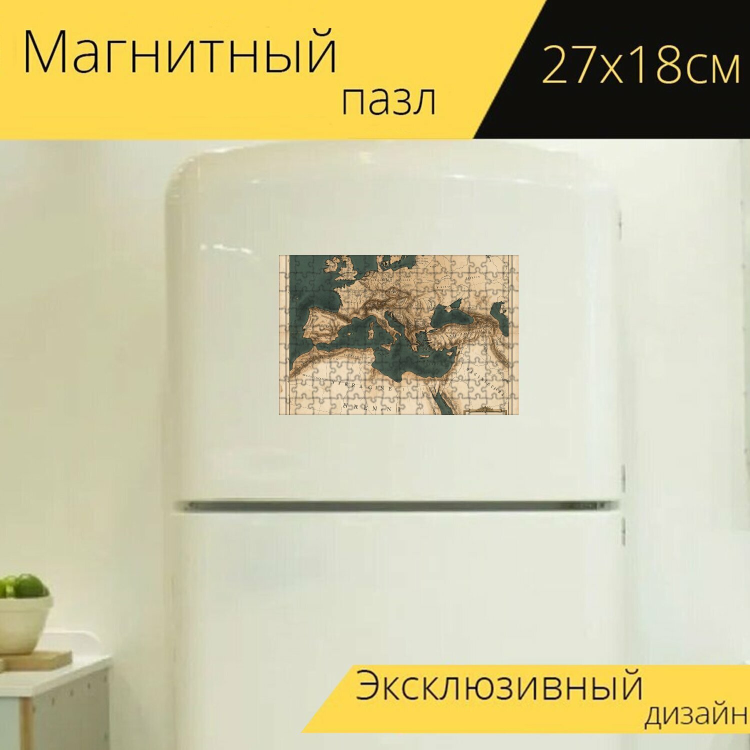 Магнитный пазл "Старинная карта Европы. Винтажное географическое изображение континента и соседних морей, с рельефными горами, бежево-зелёной палитрой и." на холодильник 27 x 18 см.