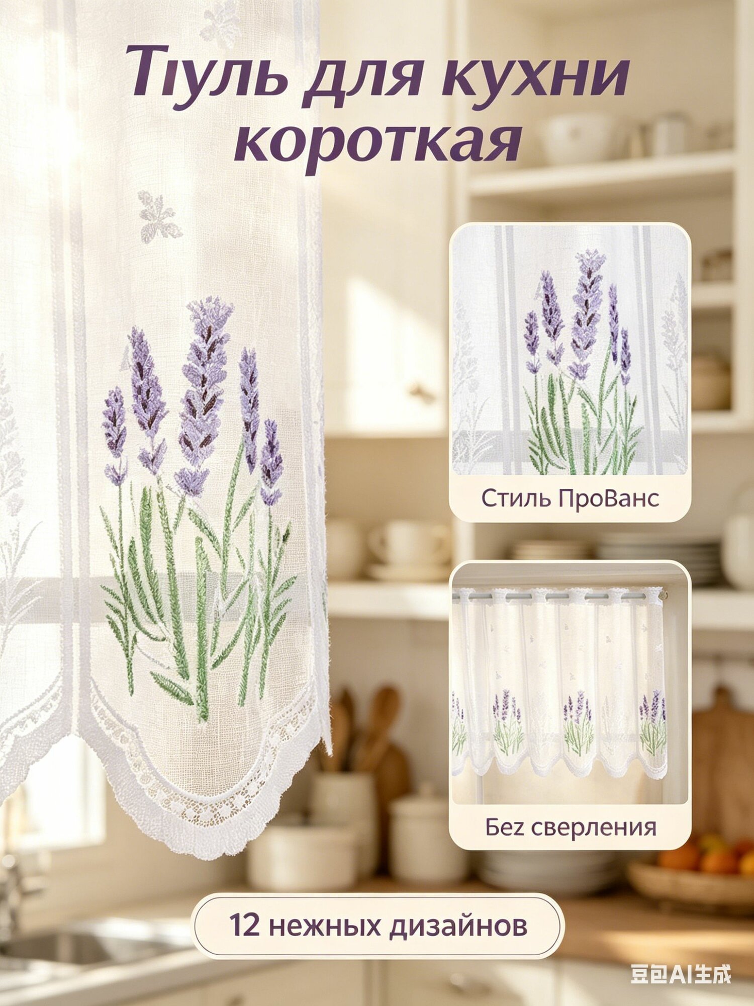 Тюль для кухни короткий с узором лаванда, 225x45 см, крепление завязки, без сверления, фиолетовый белый