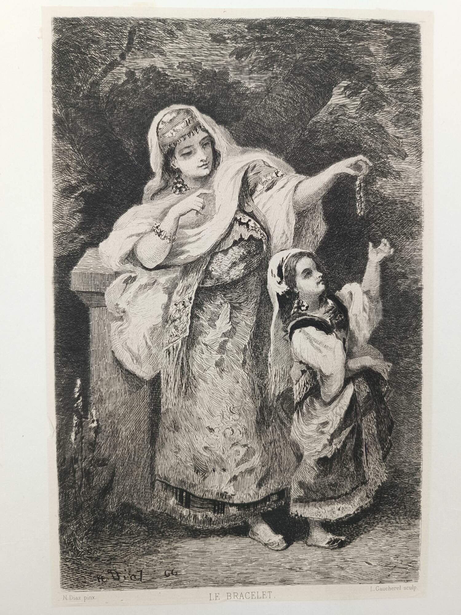 Гравюра "Браслет" Художник. Диаз де ла Пенья Нарсис (Нарсис Виржиль) (1807-1876) 1870(?). Изображение 22х14 см. Паспарту 39х29 см