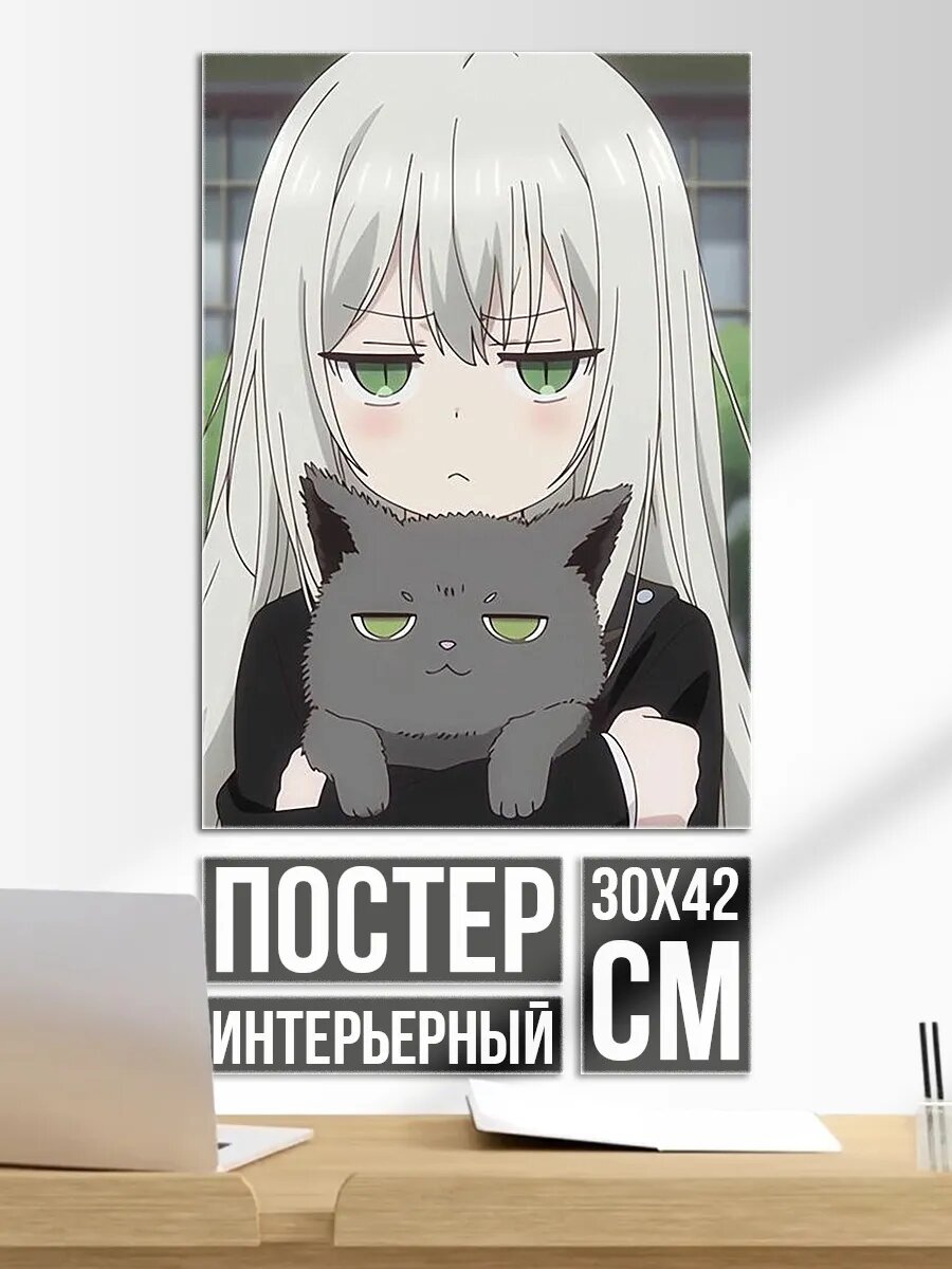 Плакат постер Девушка с серым котом