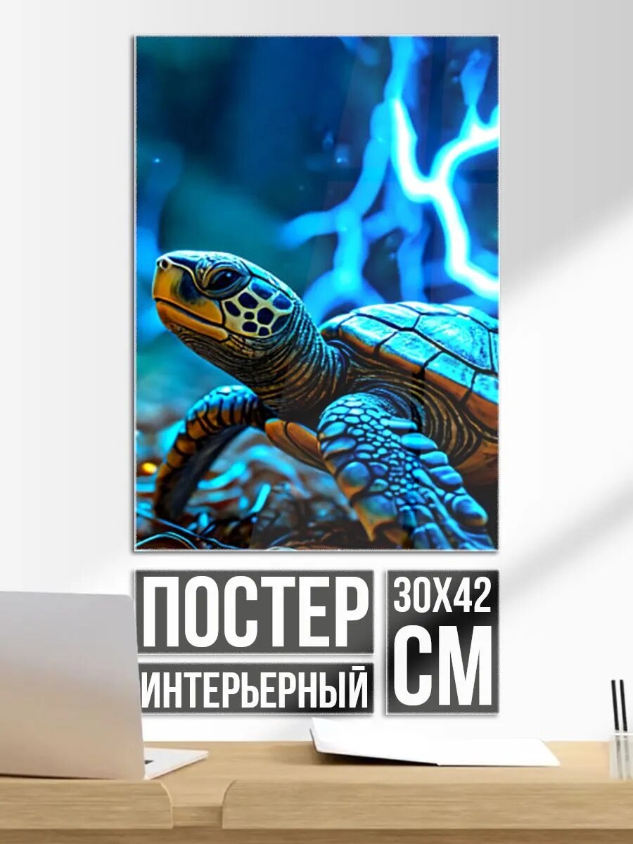 Постер на стену Черепашка в разрядах молний
