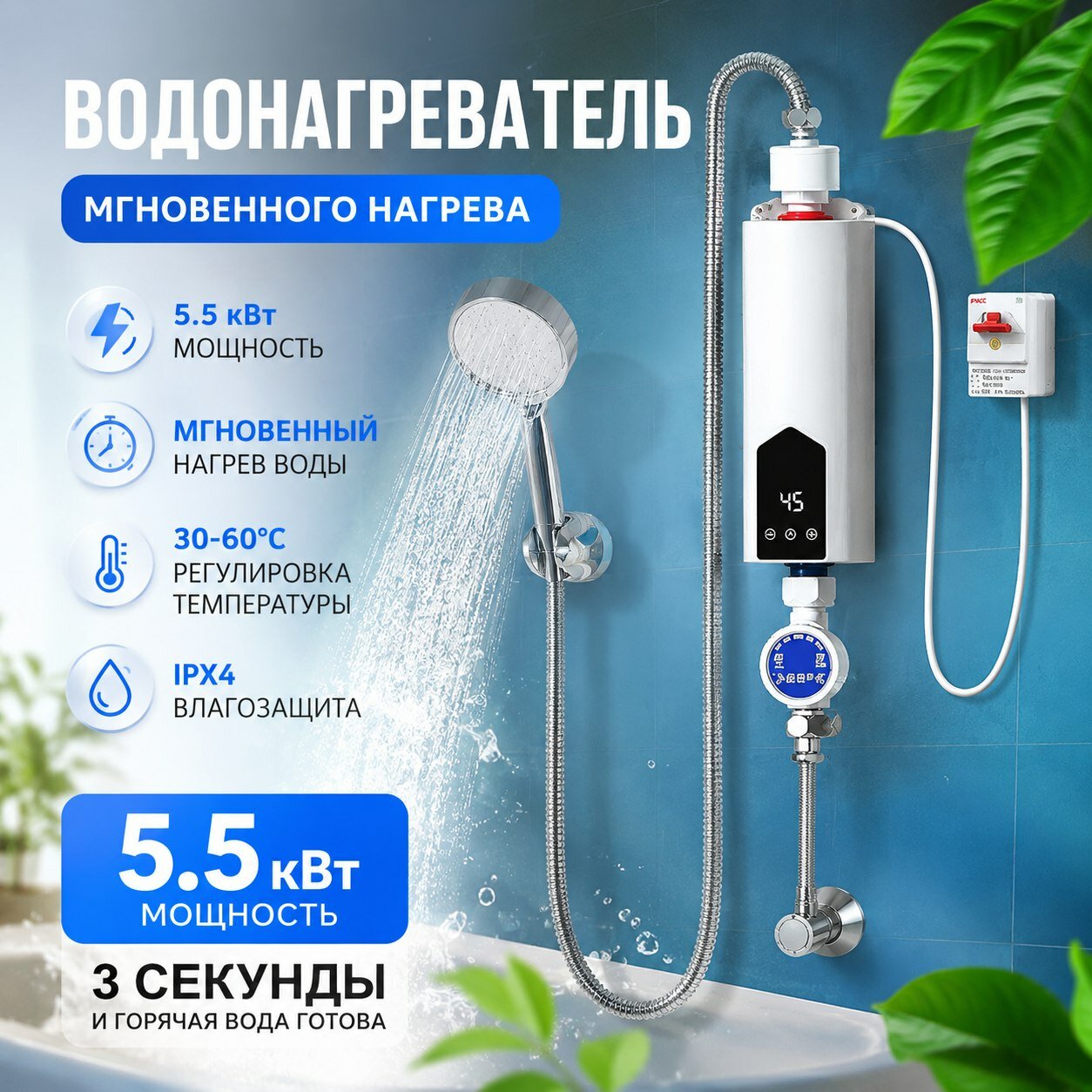 Электрический проточный водонагреватель с душевой лейкой и дисплеем температуры,5500 Вт, белый