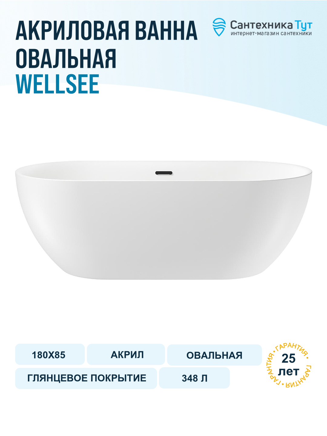 Акриловая ванна Wellsee Chic Riviera 179х85 236803003 цвет Белый глянцевый Черный матовый