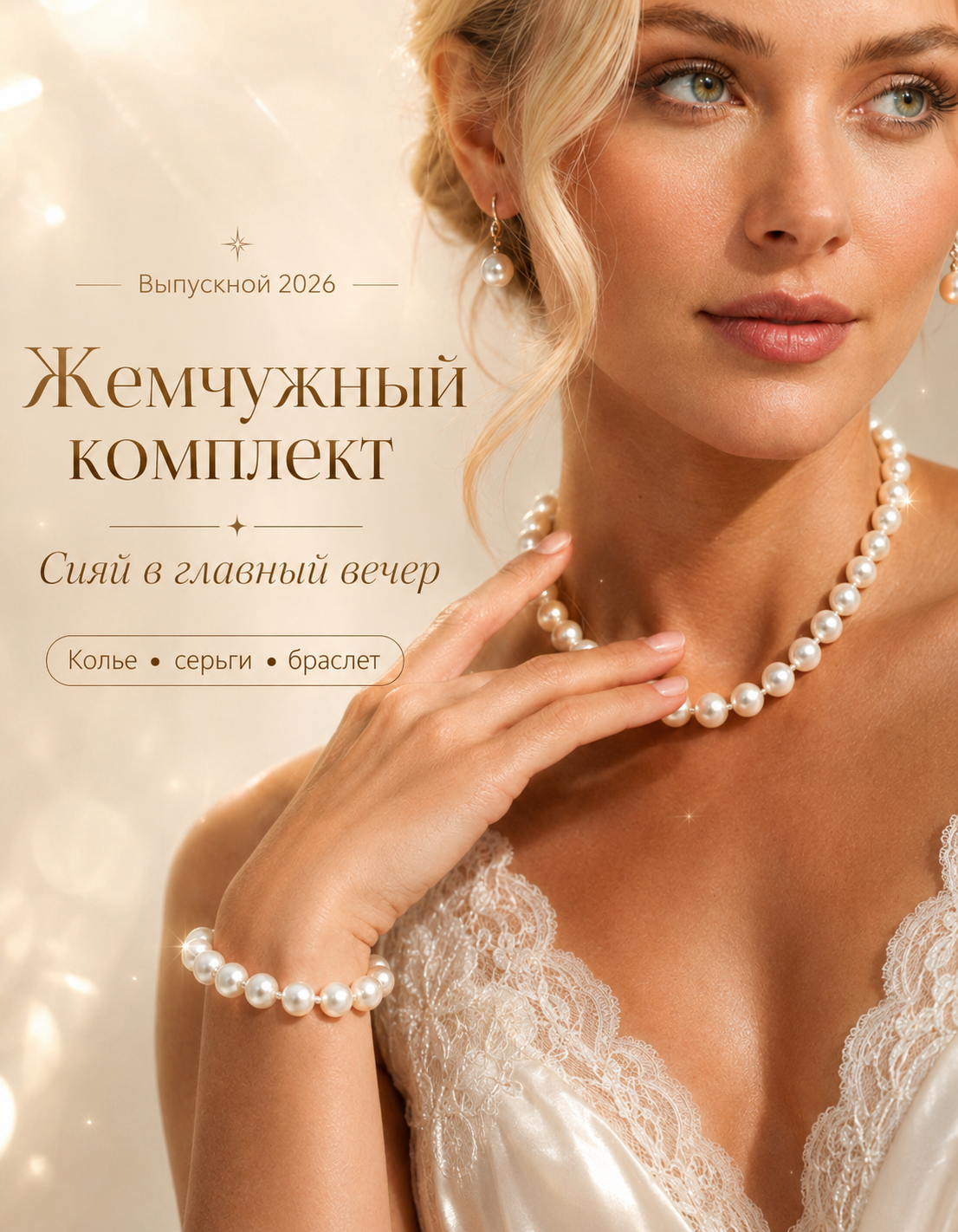 Комплект бижутерии: колье, серьги, браслет, жемчуг имитация