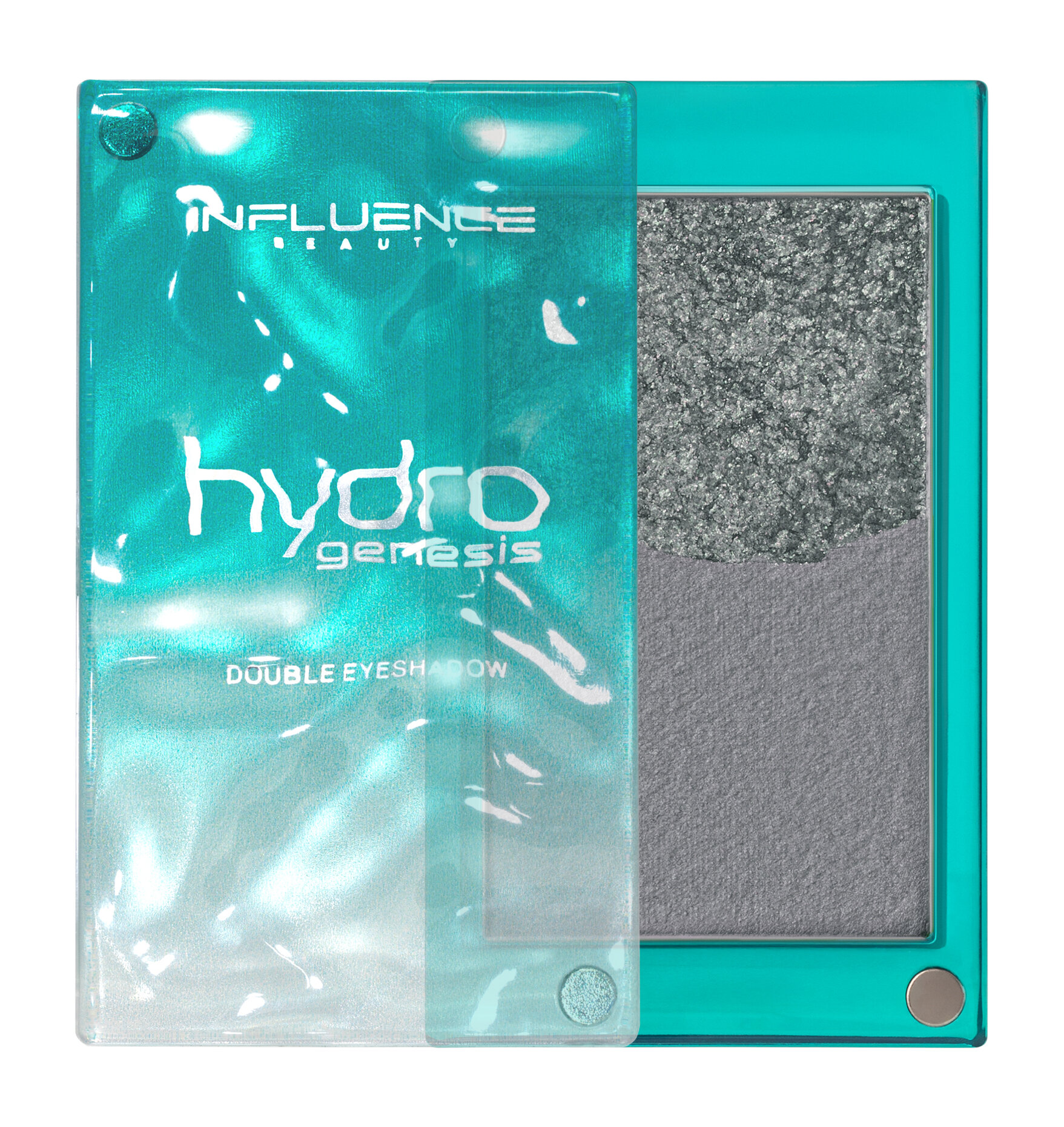 INFLUENCE BEAUTY Двойные тени Hydrogenesis, 3 г, 02 Матовый серый, спаркл серебряно-голубой (лимит.)