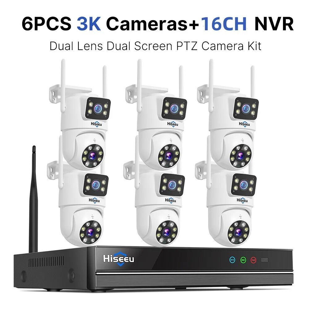 Система видеонаблюдения Hiseeu 6MP Dual Lens WiFi Smart PTZ IP-камера с ИК-ночным видением, автоматическим трекингом, H.265+ и 16-канальным NVR CCTV-система