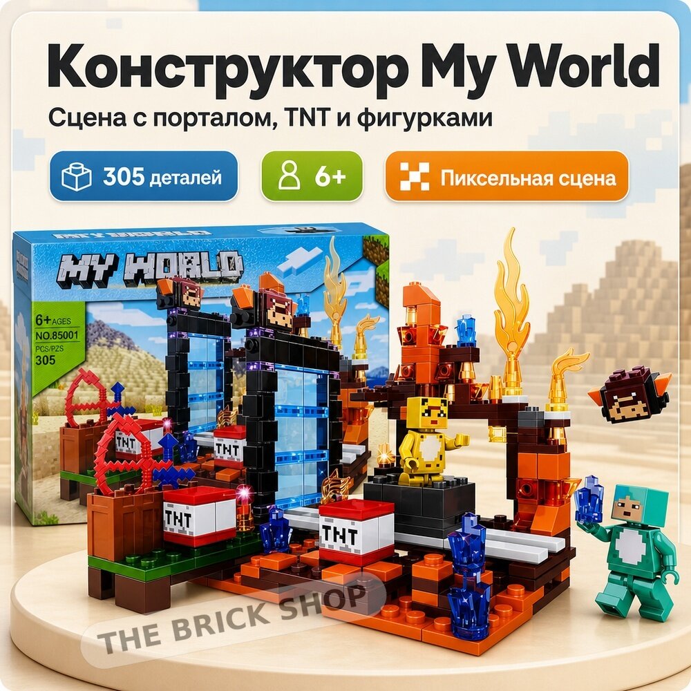 Конструктор My World, 305 деталей, сцена с порталом и фигурками