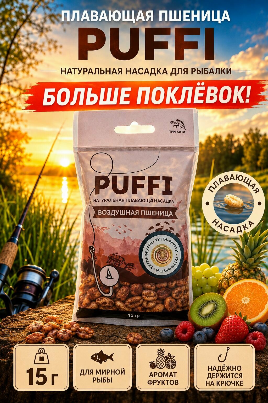 Насадка для рыбалки PUFFI воздушная пшеница 15 г, Тутти-фрутти, для мирной рыбы, карпа и карася