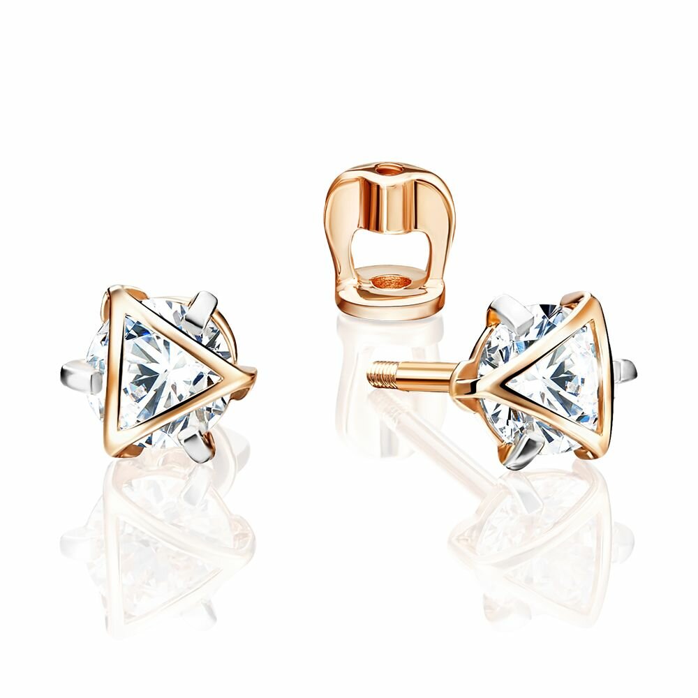 Серьги пусеты, красное золото, 585 проба, фианит