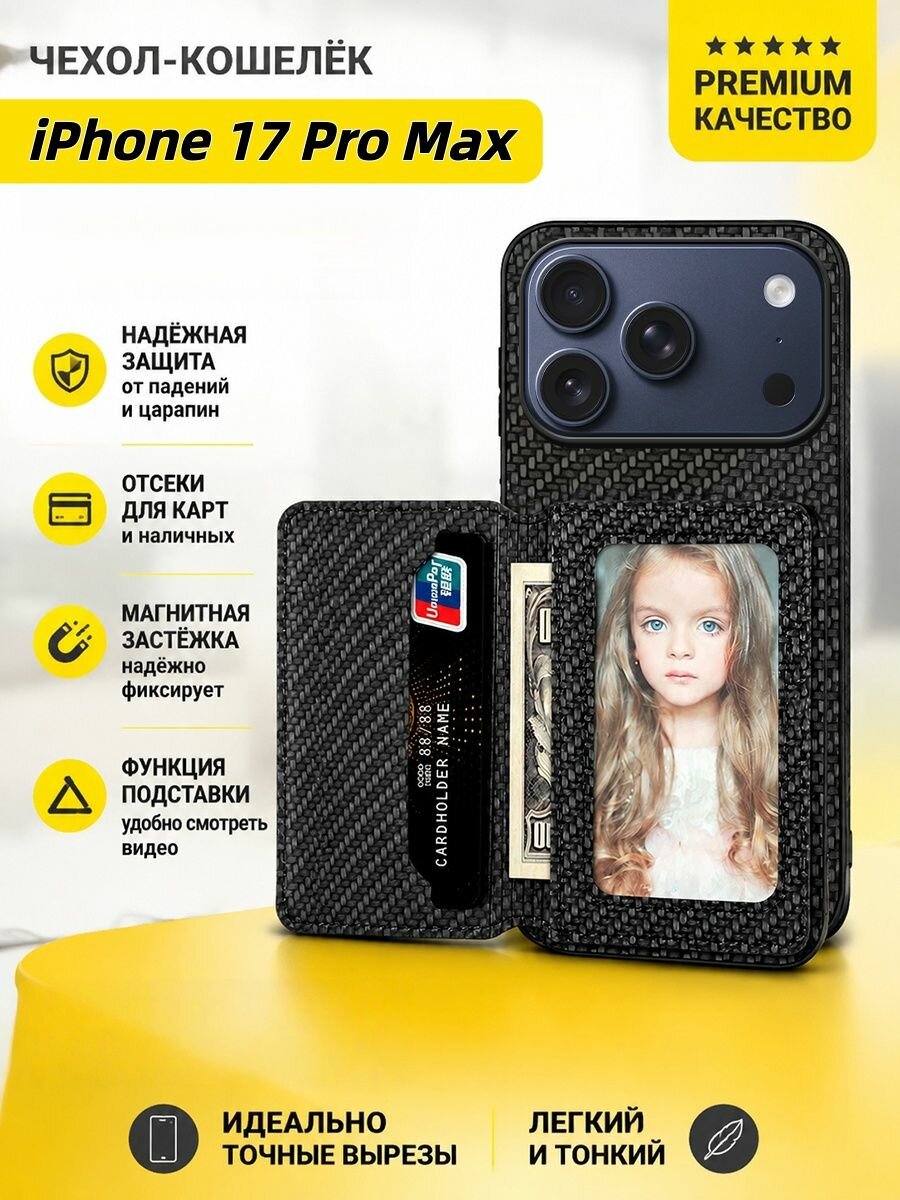 Чехол на iPhone 17 Pro Max (Айфон 17 Про Макс) с картхолдером, кожаный чехол с карбоновой текстурой(синий)