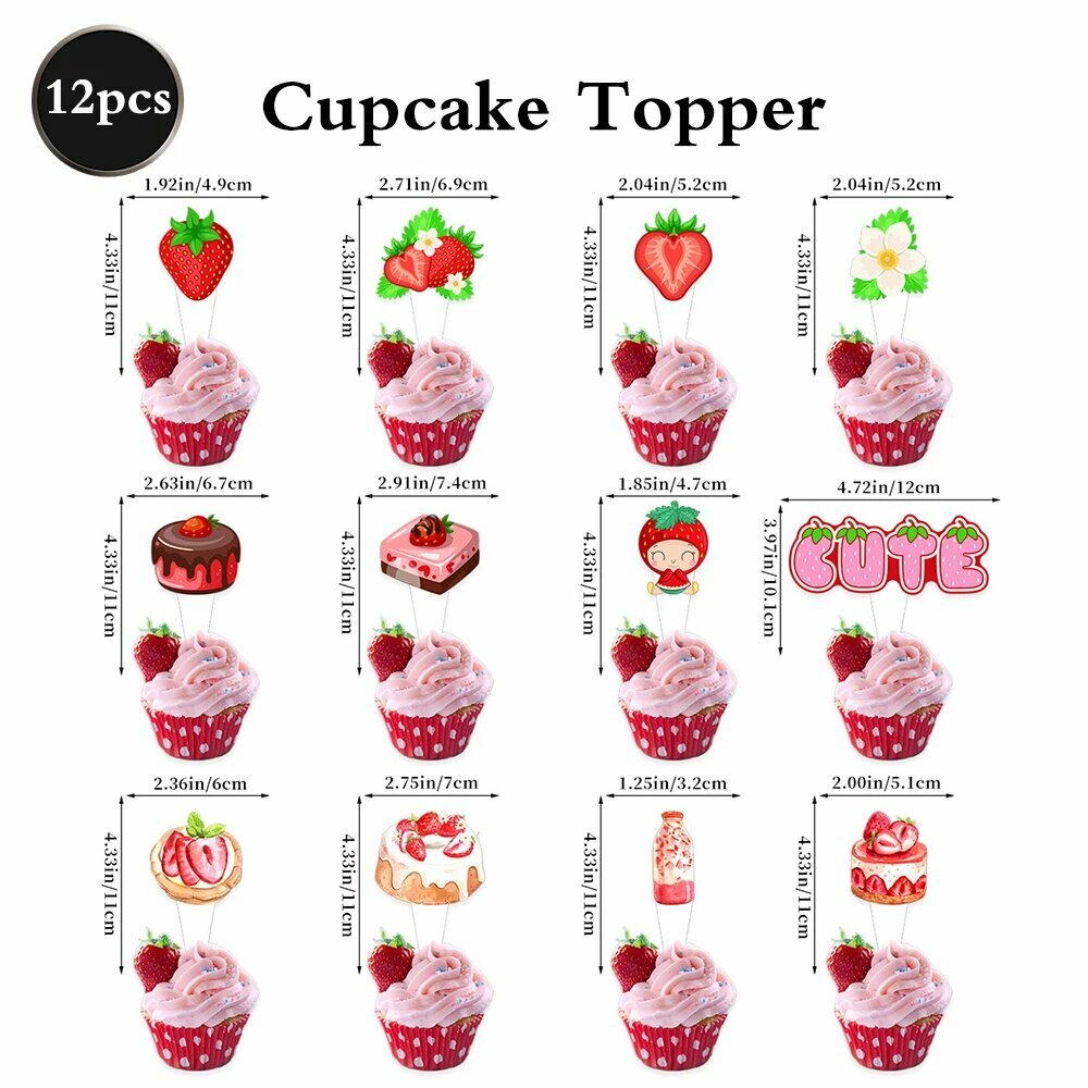 Клубничные украшения для дня рождения EsenTroye 12pcs