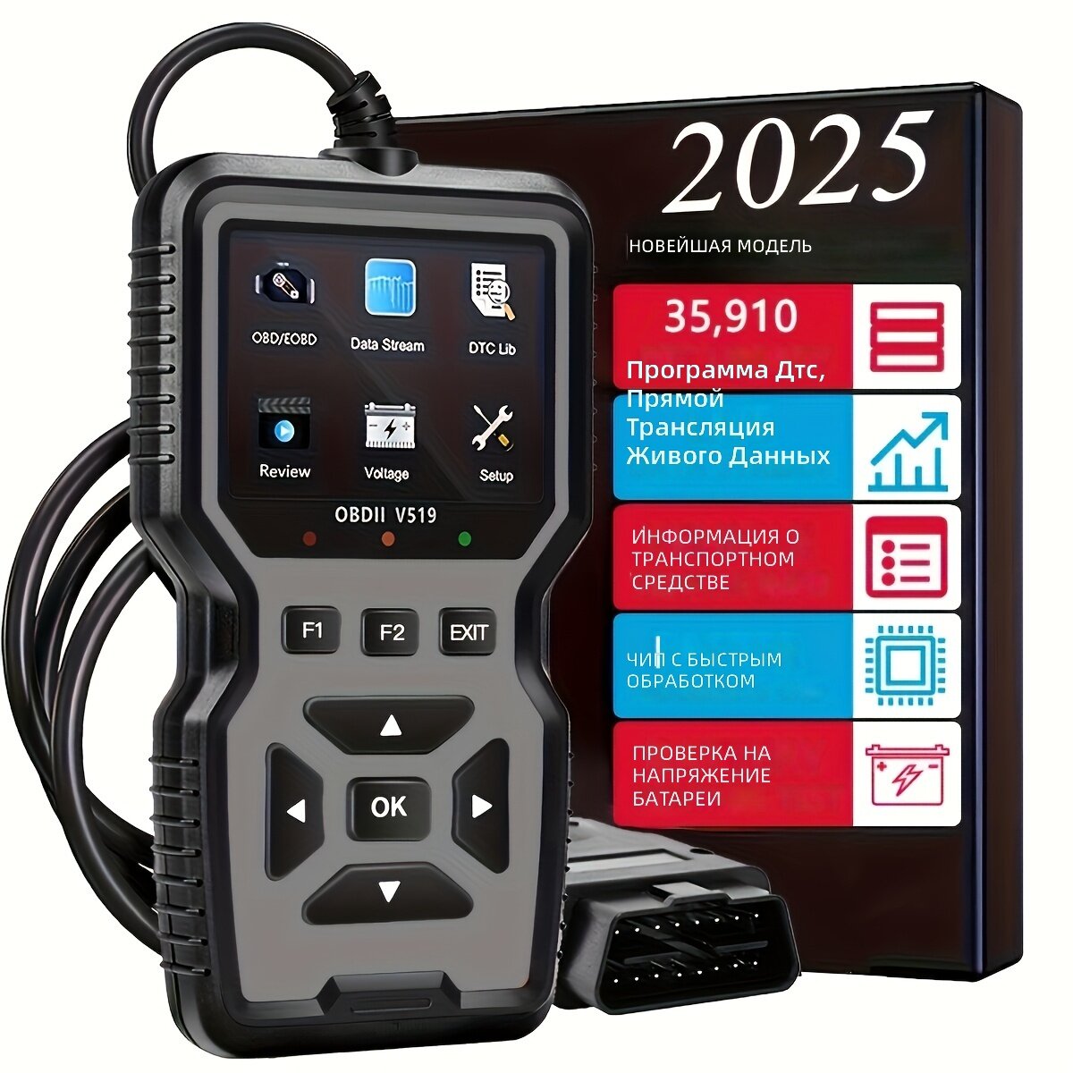 Профессиональный OBD2-сканер V519 2025, серый, с питанием от USB, чтение/стирание кодов, проверка готовности I/M, потоковая передача данных в реальном времени, диагностика OBD2/EOBD