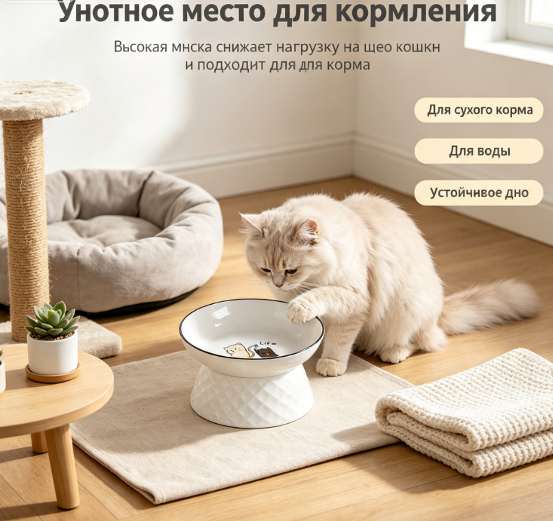 Керамическая миска для кошек на высокой подставке, защищает шею кошки, против опрокидывания