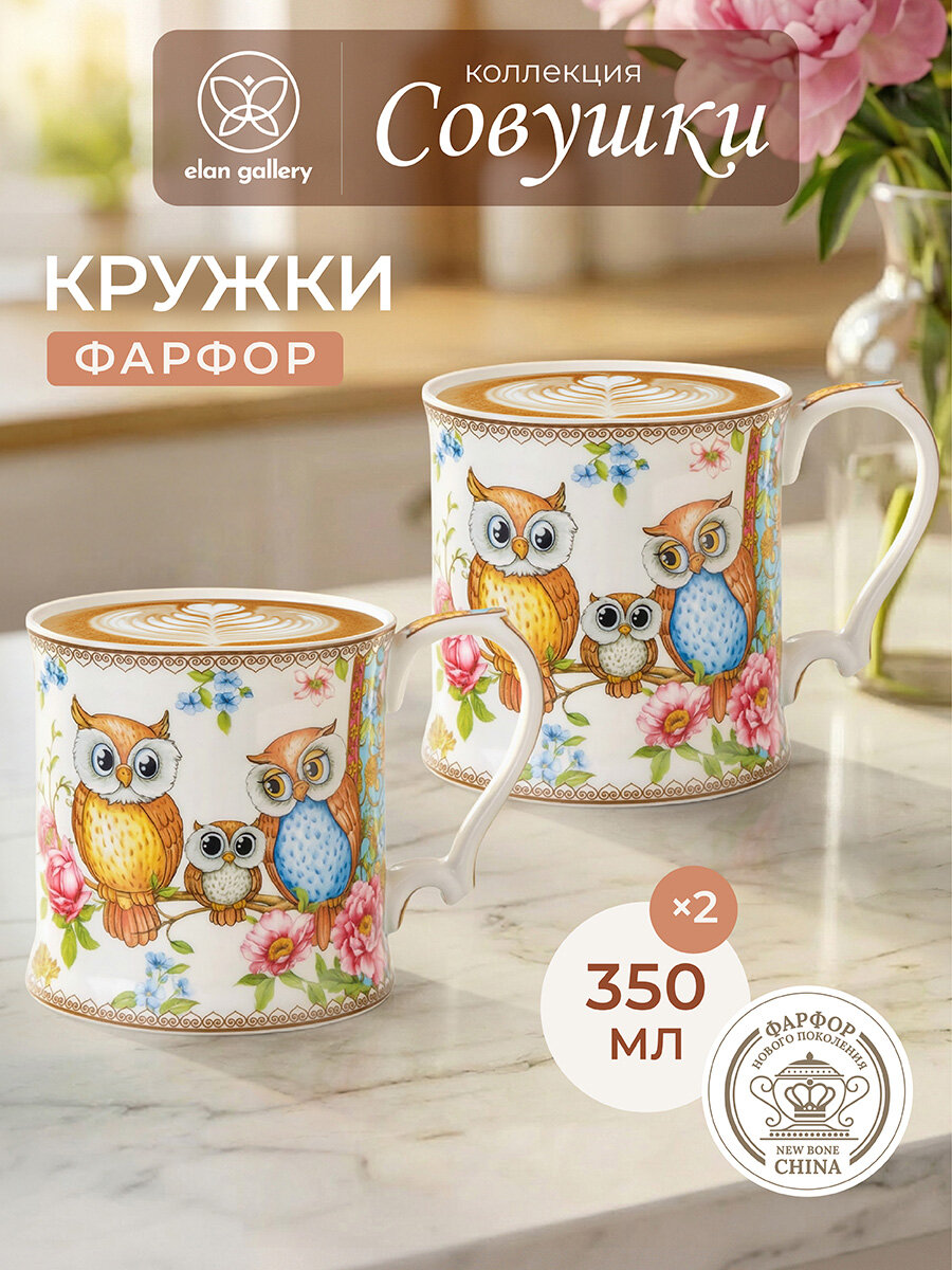Кружка, чашка для чая, кофе 2 шт по 350 мл Elan Gallery Совушки, фарфор, набор
