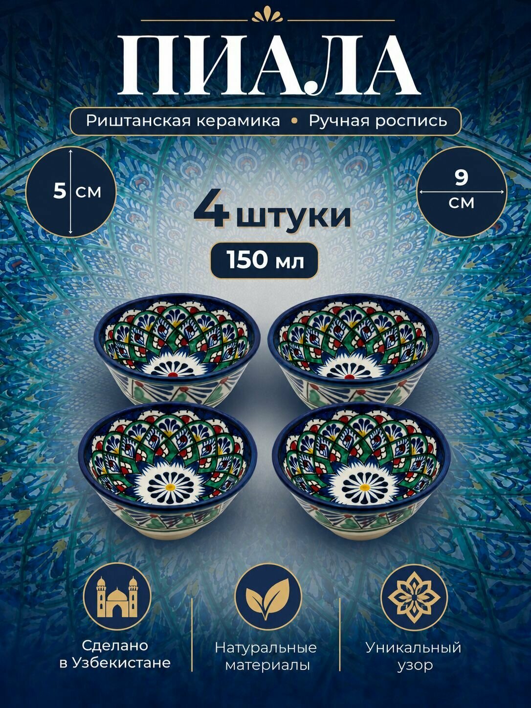 Блюдо Пиалы, Узбекская посуда, Риштанская Керамика, 9 см, 4 шт, синий