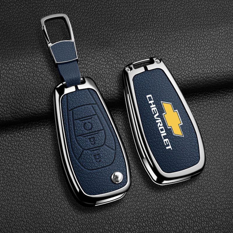 Чехол для ключа-брелока Chevrolet C-Series 3-кнопочный с синей текстурой овечьей кожи и креплением B01 для моделей