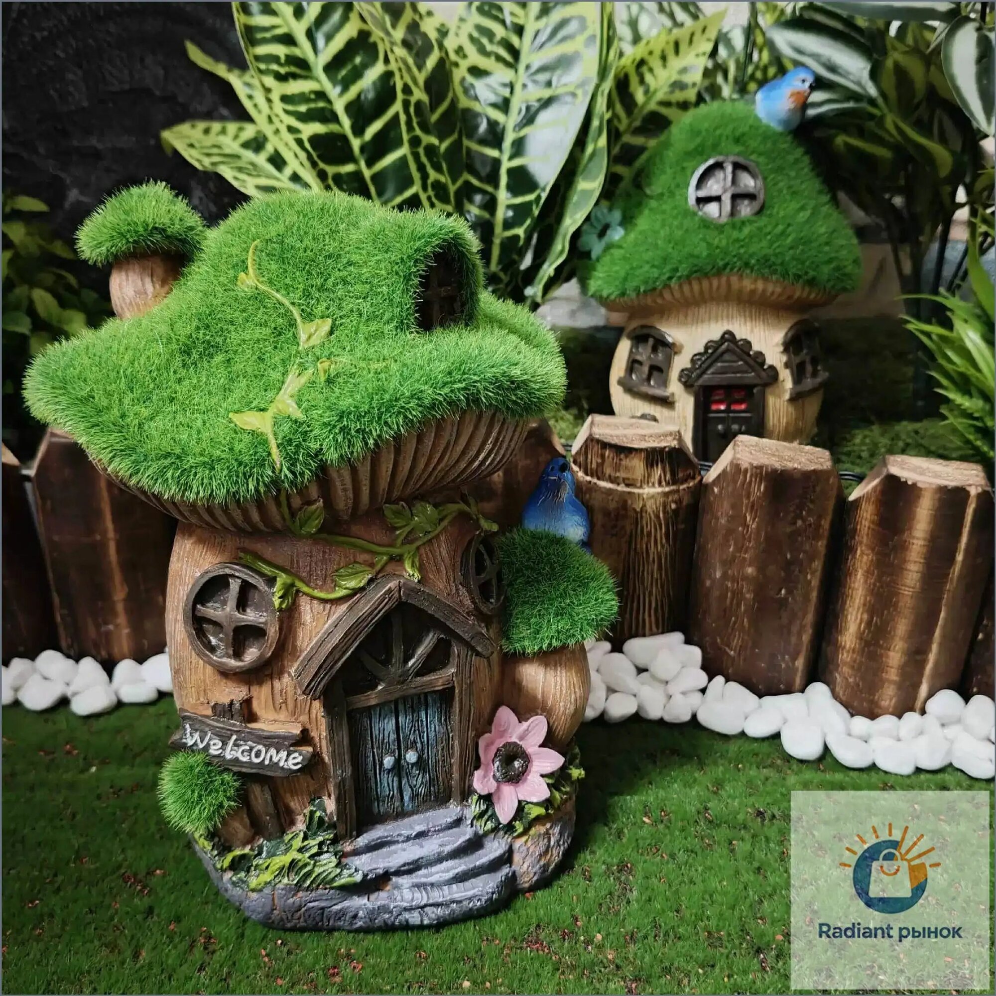 Маленький домик-гриб, зеленый, 18сm x 14cm, фигурка для сада и дома — фото 1