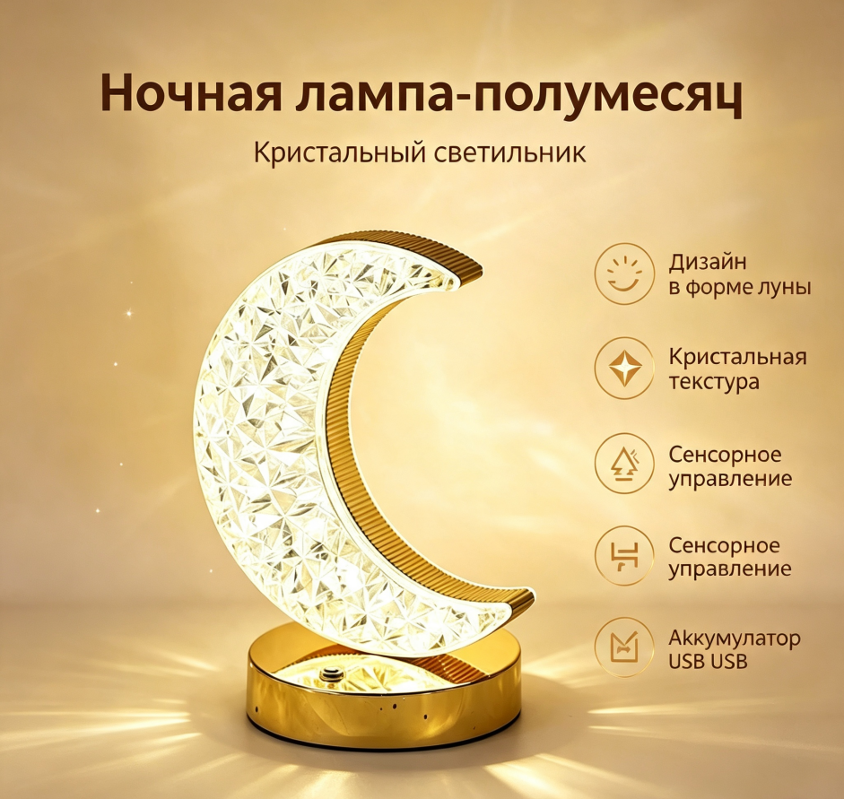 Ночная лампа‑полумесяц кристалл, сенсорная настольная лампа аккумуляторная, декоративный светильник для спальни, подарок