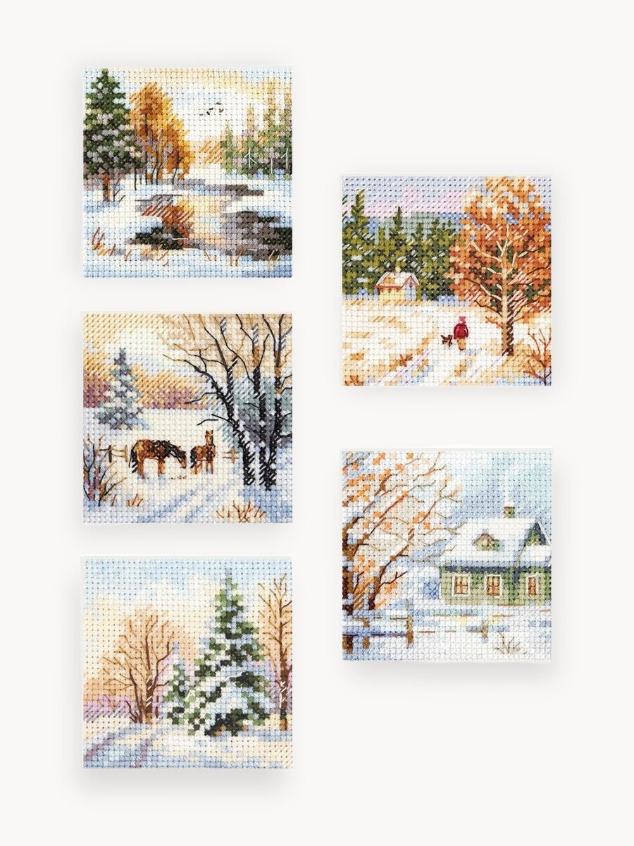 Творческий комплект из пяти наборов Алиса "Наступила зима" 7х7см G-37 с качественными нитками мулине, хлопковой канвой, удобной иглой, схемой и инструкцией для вышивания картины крестом