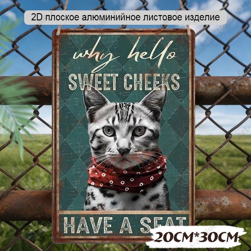 20x30 см, Алюминиевая декоративная настенная табличка с юмористическим принтом пятнистого кота для туалета