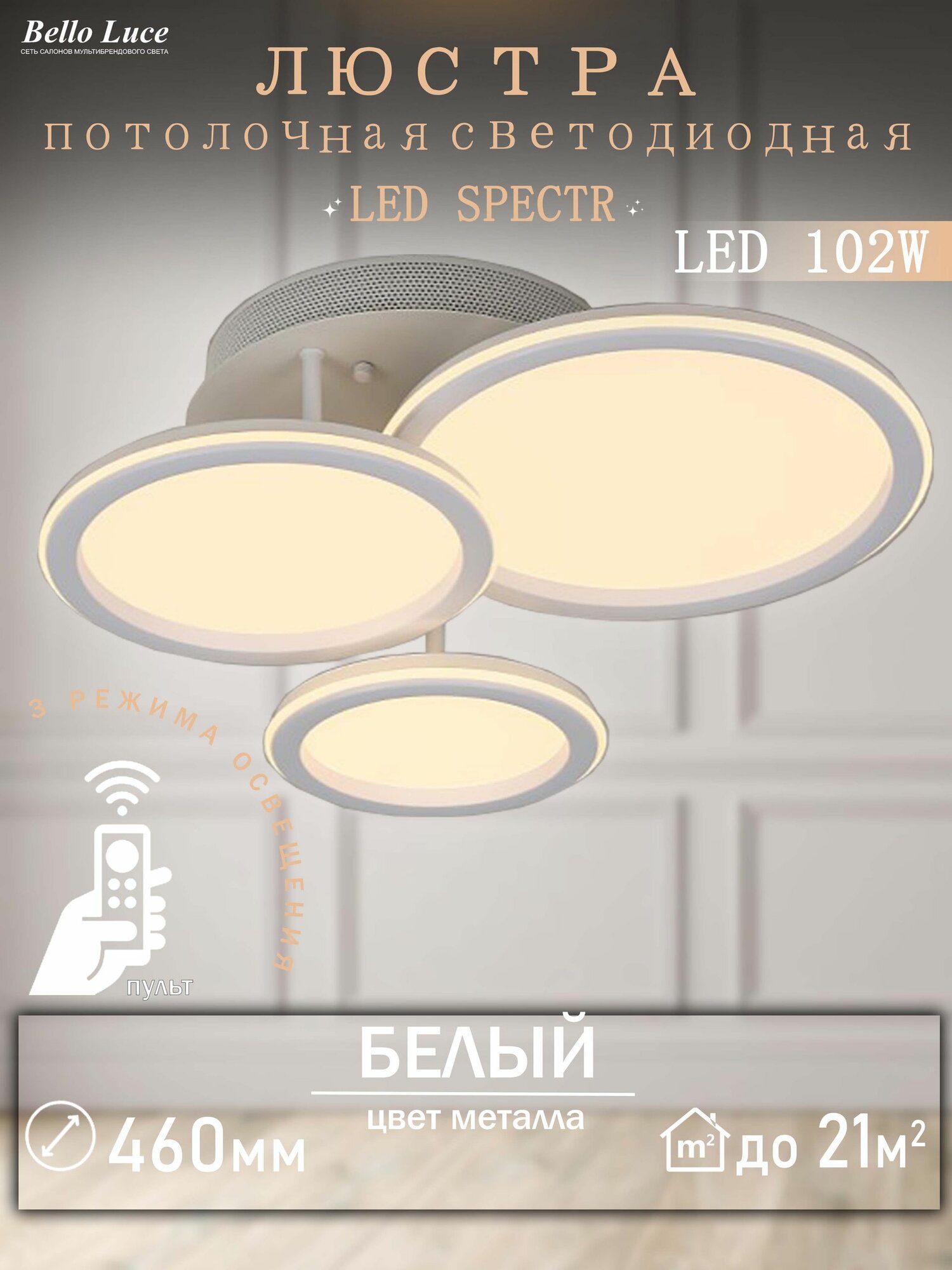Люстра светодиодная потолочная с пультом черная, 102W, плавная регулировка яркости и цветовой температурой освещения в диапазоне от 3000К до 6500К