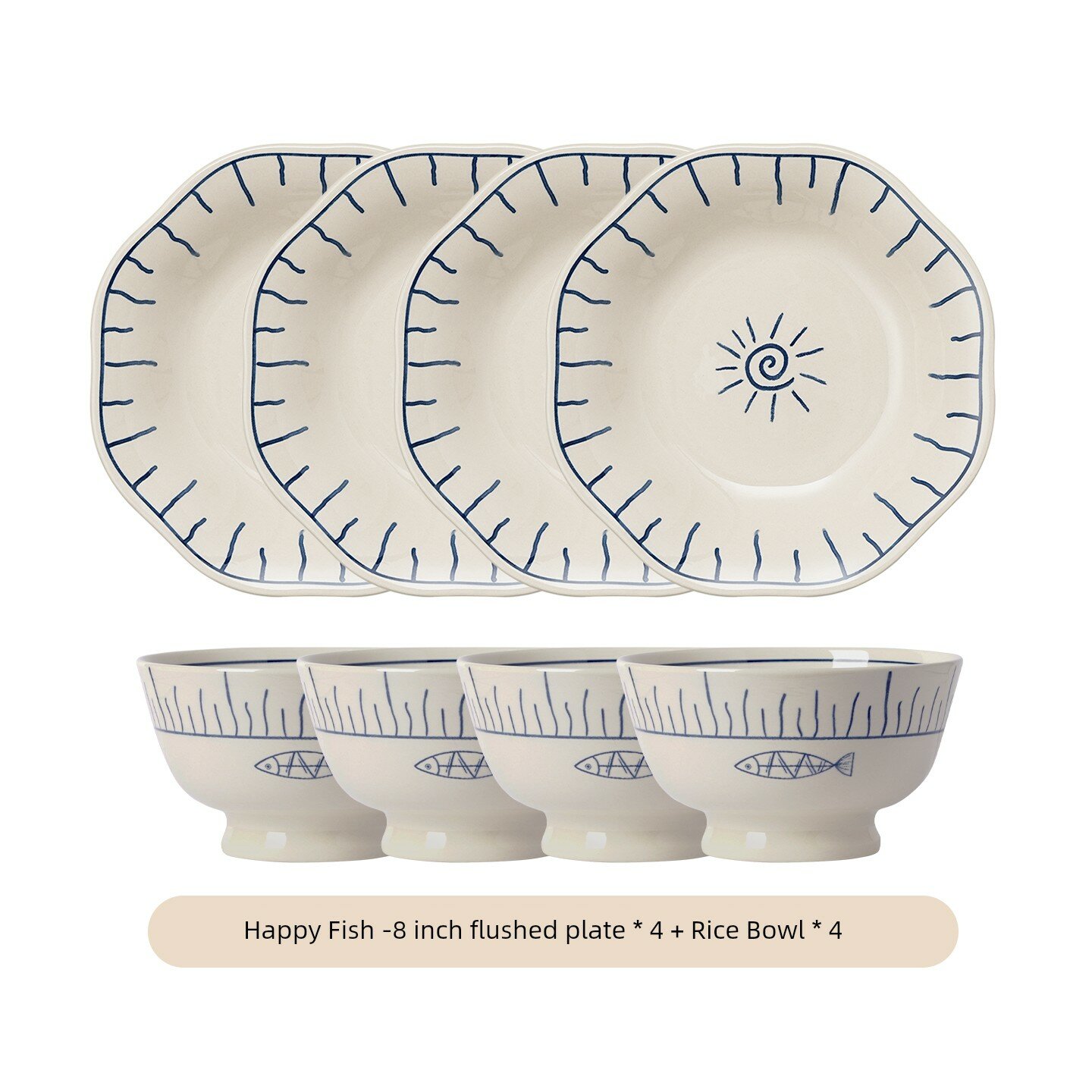 Набор тарелок Happy Fish с лотосовым краем из керамики, 8 дюймов, 4 тарелки + 4 миски, современная посуда