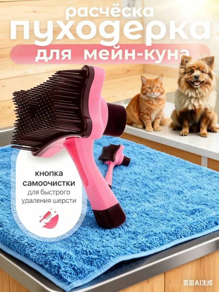Расческа для мейн-куна / Пуходерка с кнопкой самоочистки, 12,5 см, розовая / Для котят и взрослых