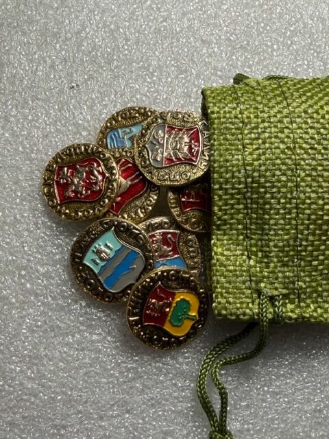 Набор оригинальных коллекционных нагрудных значков "Золотое кольцо с гербами городов 21шт". В подарочном мешочке