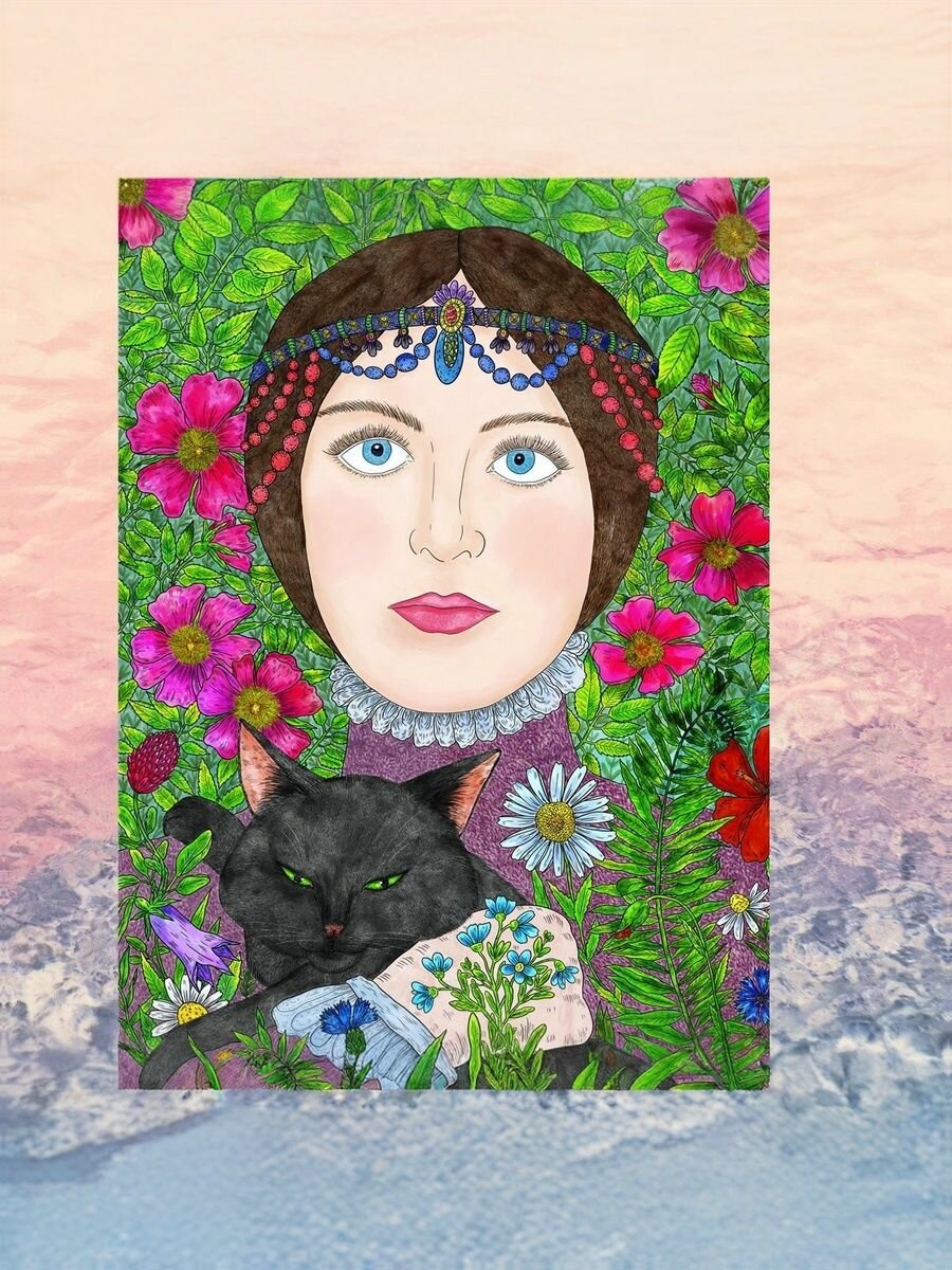Открытка поздравительная "Принцесса и черный кот среди цветов" с конвертом Милая открытка с девушкой и котом