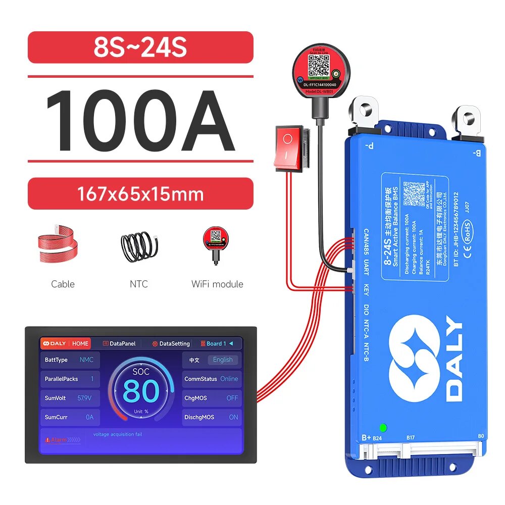 DALY Smart BMS LiFePo4 100-500A 8-24S 100ABMS 4.3LCD