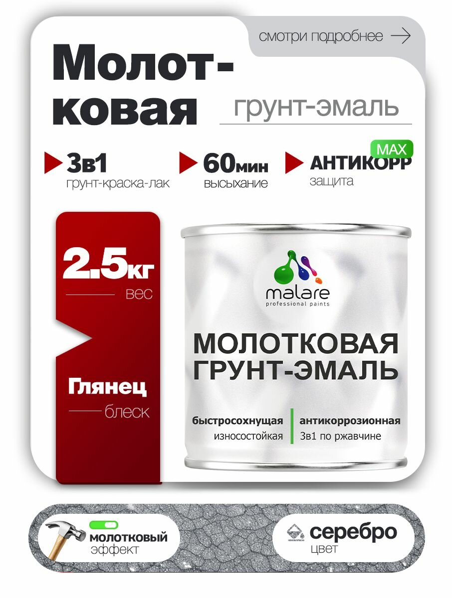 Грунт-эмаль 3 в 1 Malare краска молотковая по металлу, быстросохнущая по ржавчине, глянцевое покрытие, серебристый, 2,5 кг