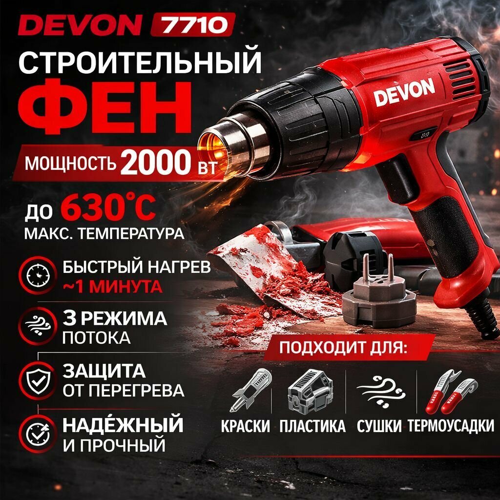 Фен строительный DEVON 7710, 2000 Вт, до 630C, термофен с регулировкой температуры для снятия краски и термоусадки