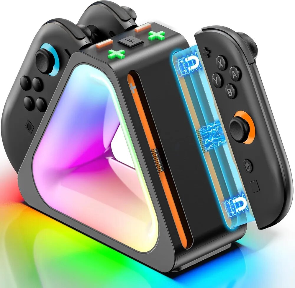 Зарядная станция для JoyCon Nintendo Switch 2, Магнитная зарядка 2.5 часа + RGB-индикатор, USB-C кабель, Компактный дизайн для путешествий, черный