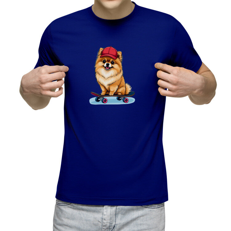 Мужская футболка «Шпиц в кепке на скейте» (синий, 2XL)