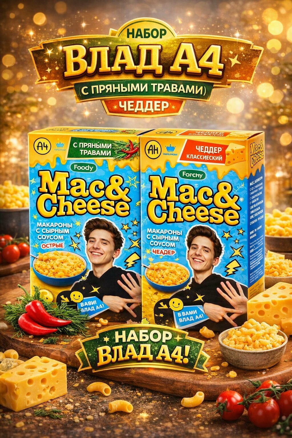 Набор 2 вкуса макарон Влад А4 Mac&Cheese Пряные травы / Чеддер по 143 гр.