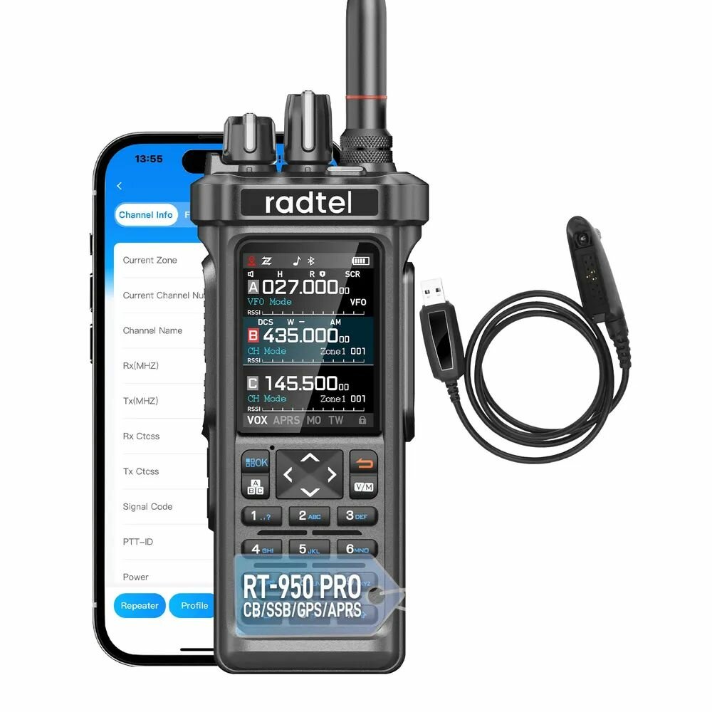 Радиостанция (рация) Radtel RT-950 PRO, 10 Вт, диапазон 27 МГц, с поддержкой GPS/APRS, Bluetooth, возможностью программирования через телефон, приёмником NOAA