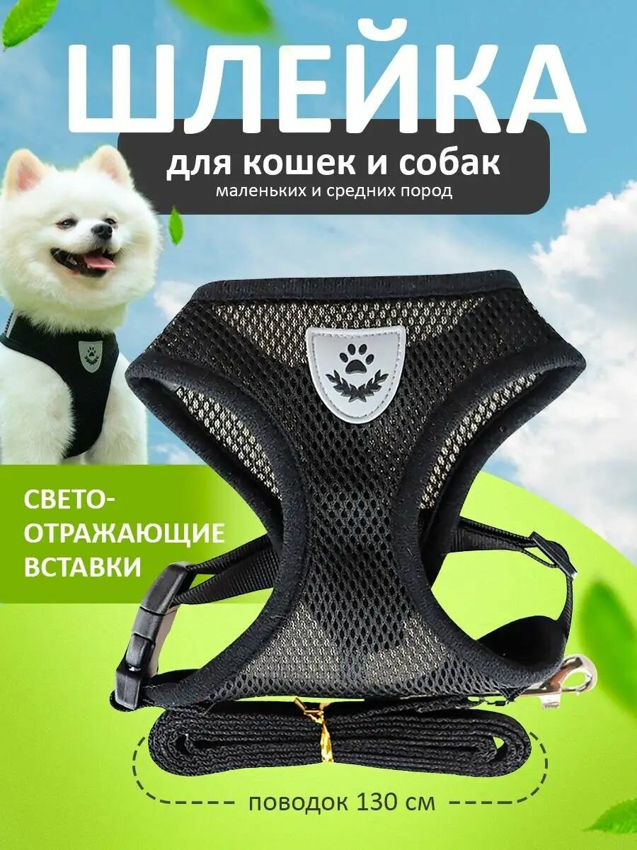 Шлейка прогулочная с поводком для кошек и мелких собак, деним, светоотражатели,