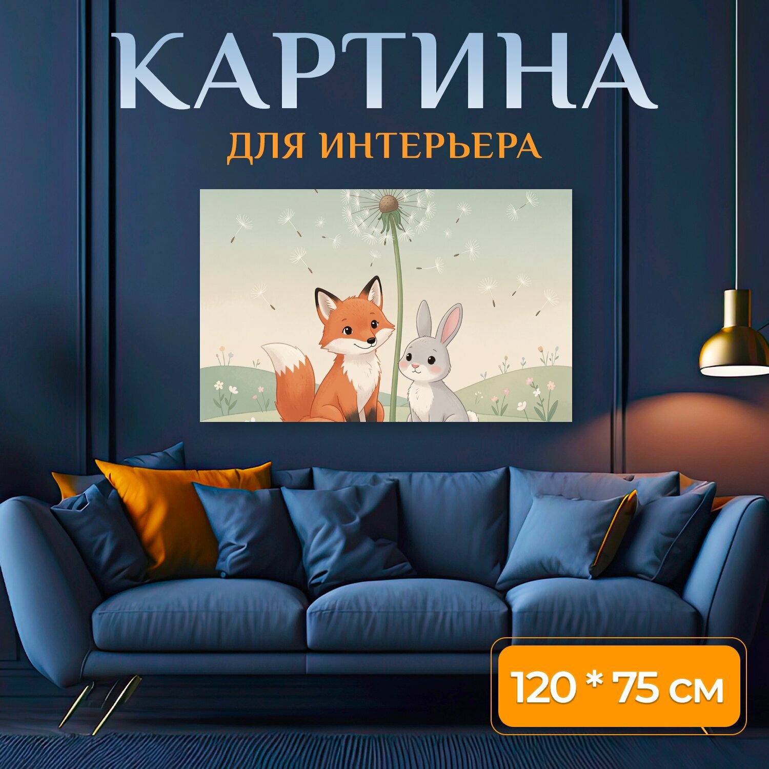 Картина на холсте "Лиса и кролик с одуванчиком. Милые лесные зверята в нежной мультяшной иллюстрации: рыжий пушистый зверёк и серый ушастик на." на подрамнике 120х75 см. для интерьера